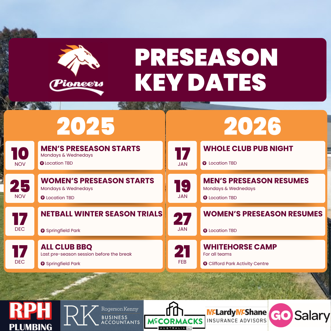 2026 Preseason Key Dates – Whitehorse Pioneers